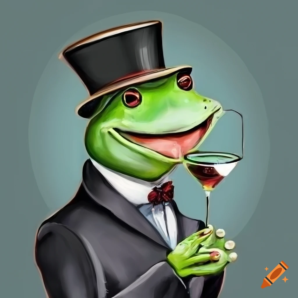 Dapper frog in a suit with a monocle and top hat enjoying a martini on ...