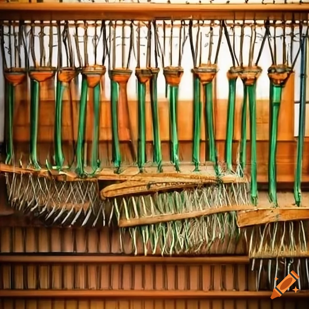 Rack filled with garden rakes on Craiyon