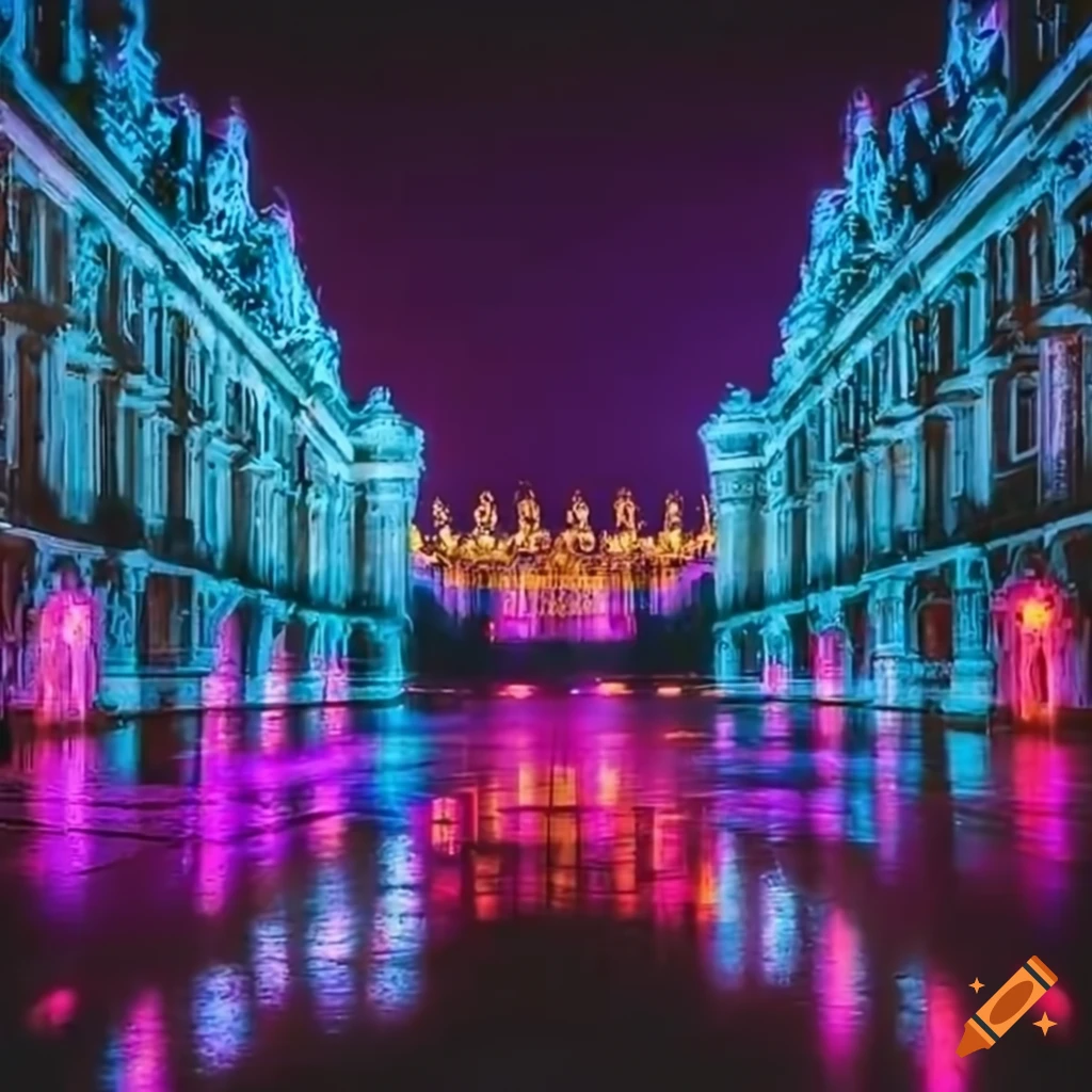 Palace of versailles with neon lights in a cyberpunk style on Craiyon