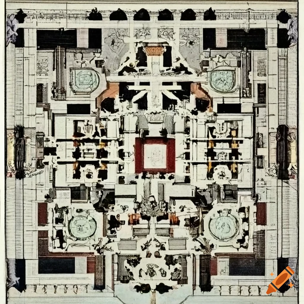 Intricate floor plan for an elegant palace with various rooms on Craiyon