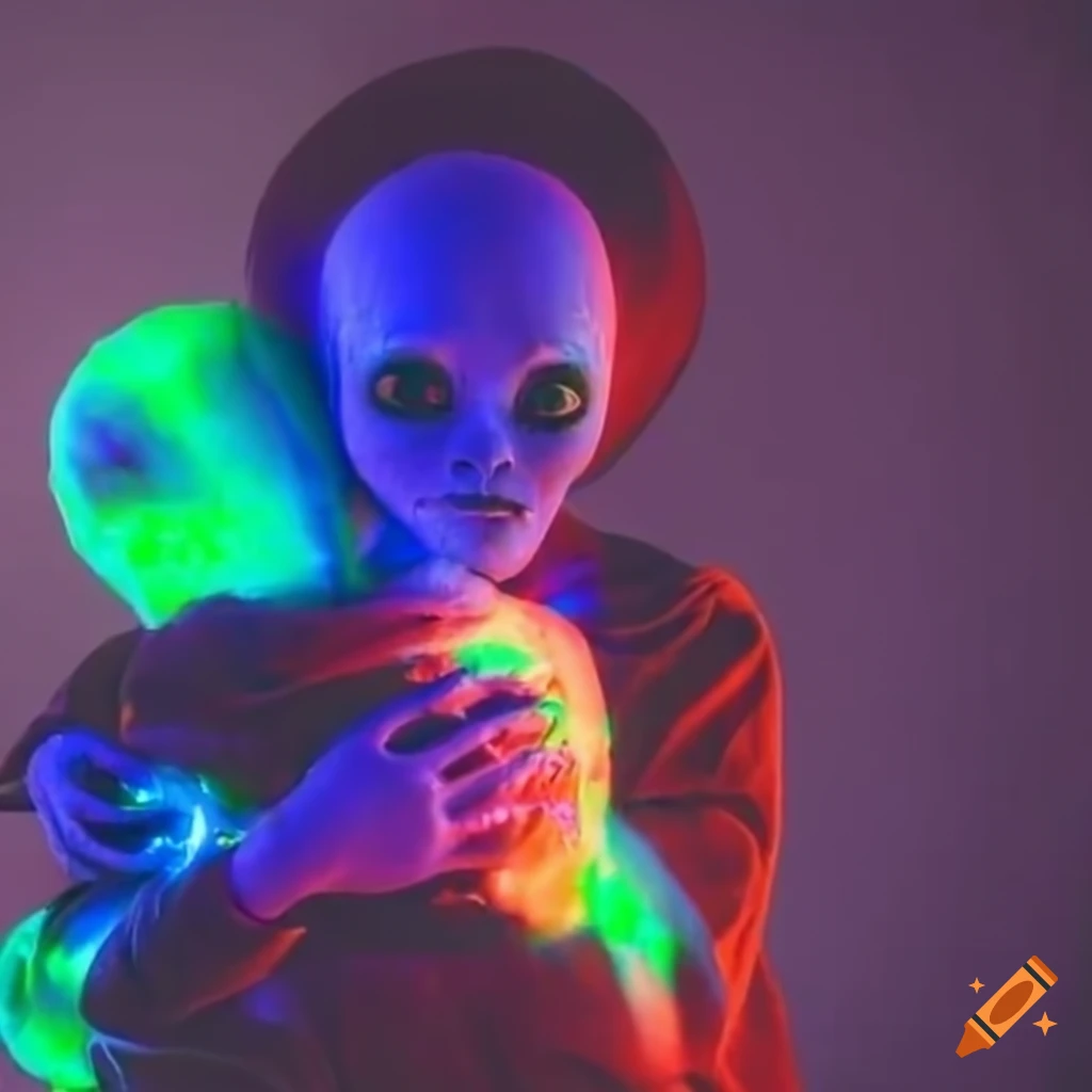 Glowing alien mother hugging her alien son with love on Craiyon