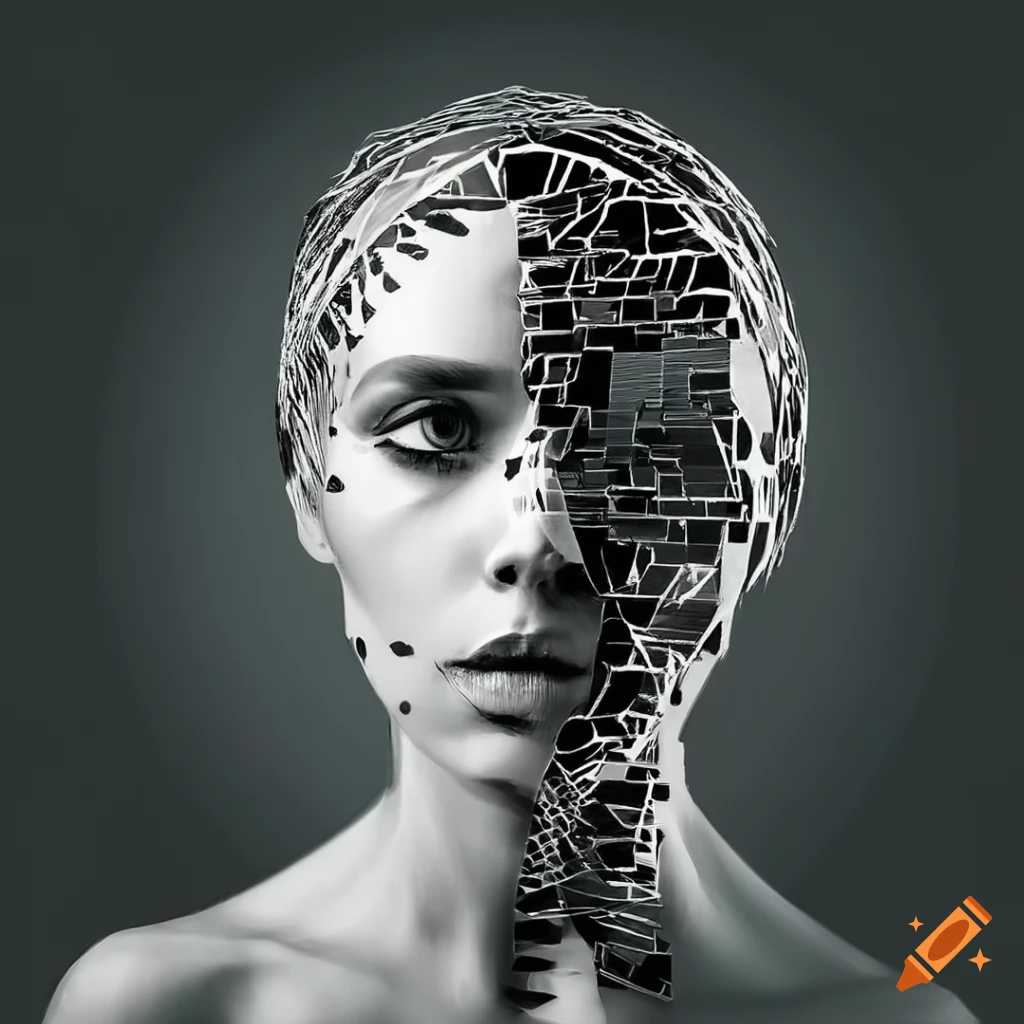 Impossible geometric artwork featuring a woman's face in a mirror with infinite reflections on ...