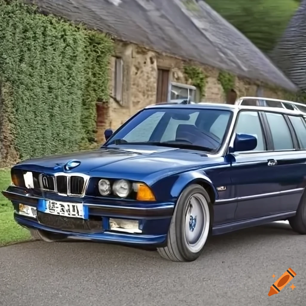 Bmw e34 touring in dark blue in the french countryside on Craiyon