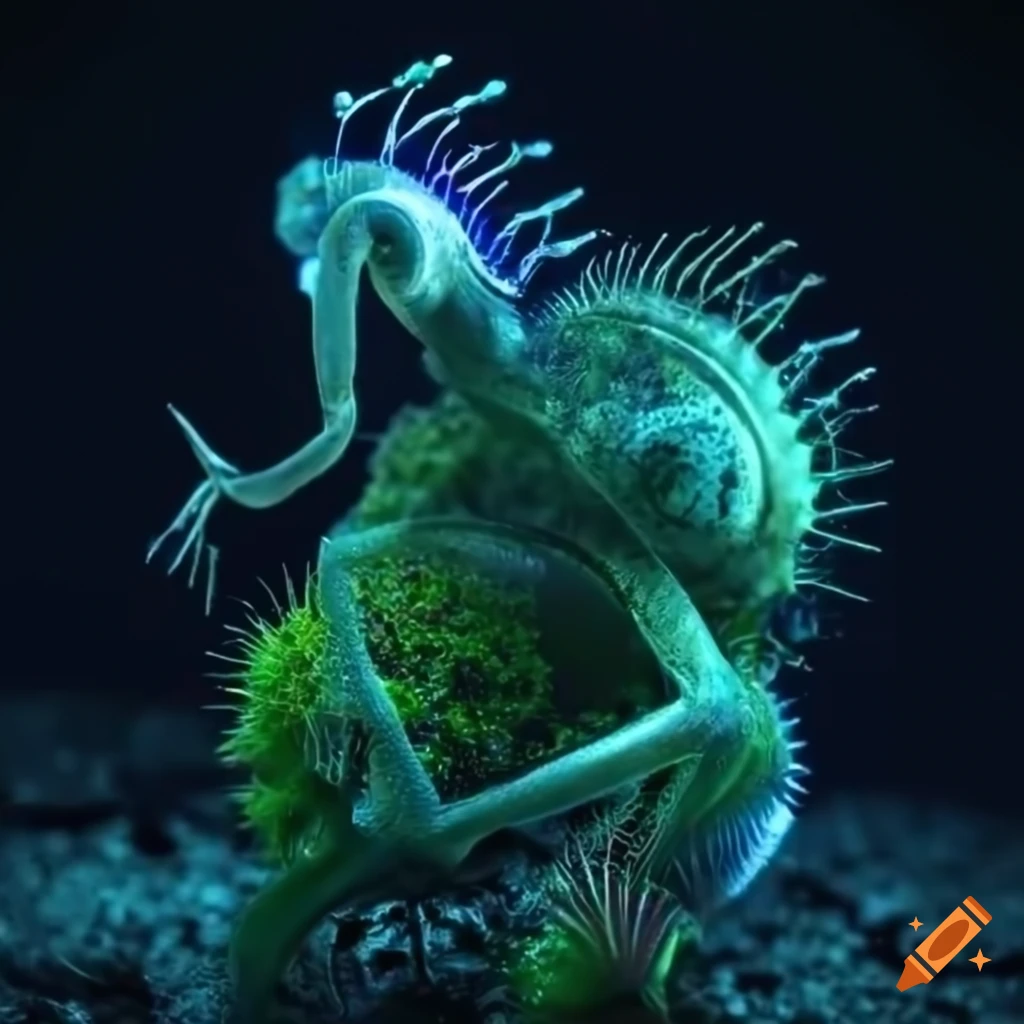 Glowing biopunk Venus flytrap creature in a moss-covered cityscape on ...