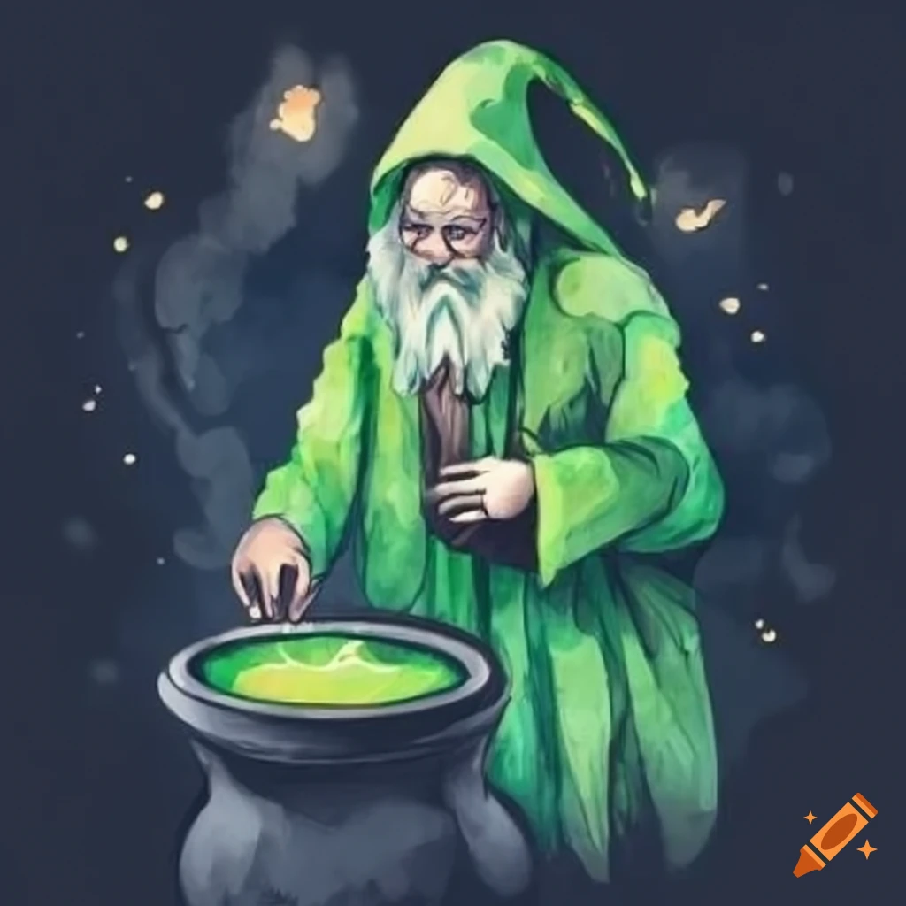 Wizard with black beard brewing in a cauldron in dark comic-book style ...