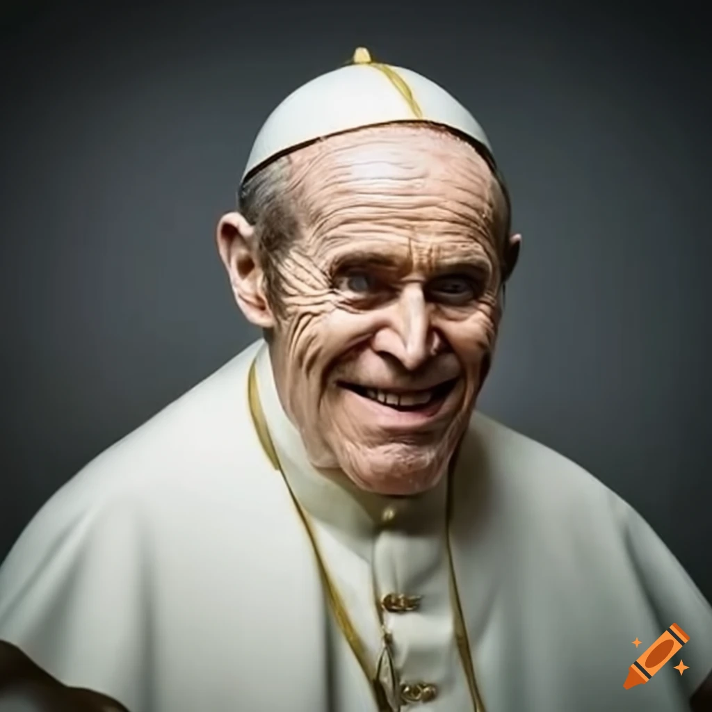 Willem Dafoe dressed as a pope in white and gold robes smiling on Craiyon