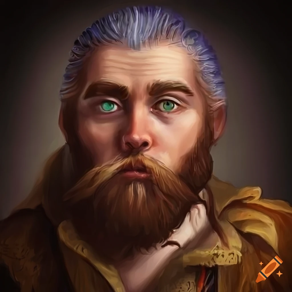 Detailed portrait of a young bearded grumpy merchant in a fantasy ...