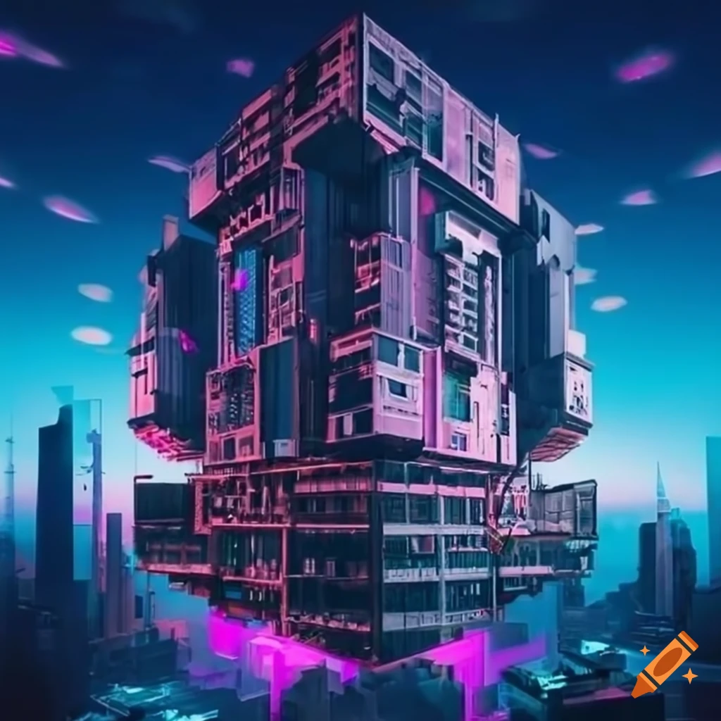 Cyberpunk cityscape of a suspended rotating cube-shaped metropolis on ...