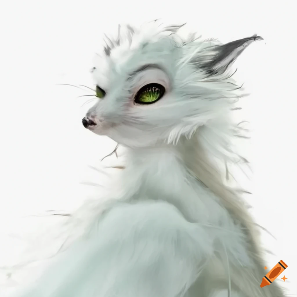 White moth fursona with big green eyes and fluffy fur on Craiyon