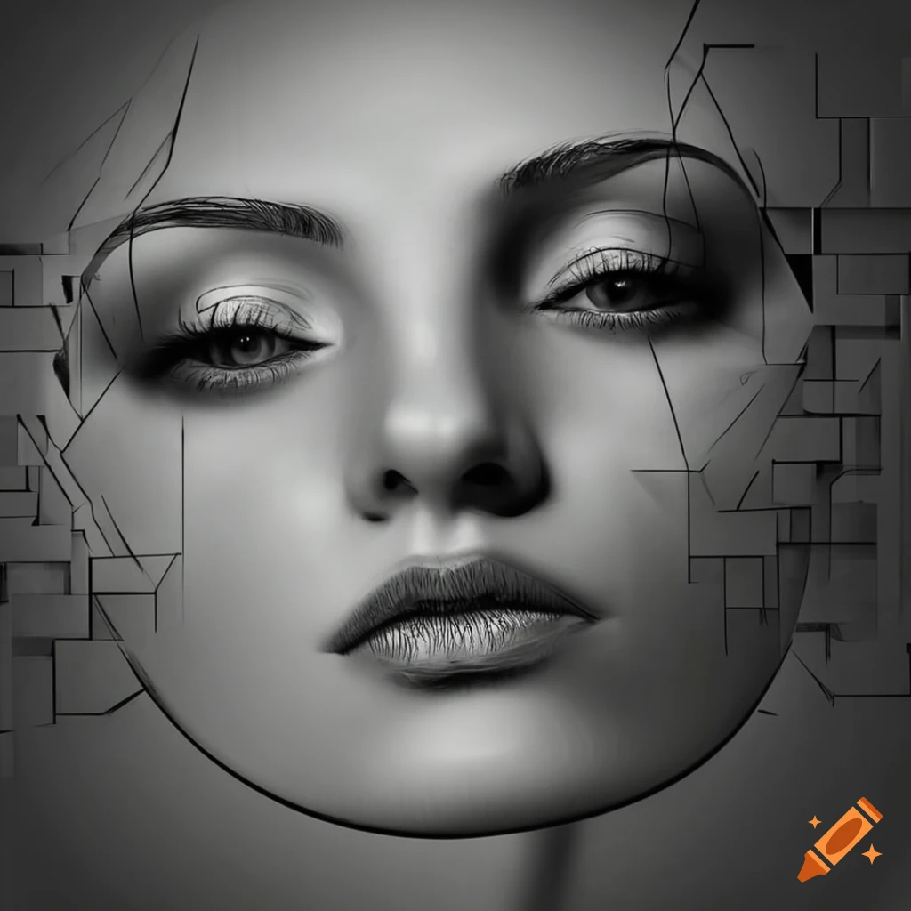 Mesmerizing geometric artwork with a woman's face and infinite reflections in monochrome on Craiyon
