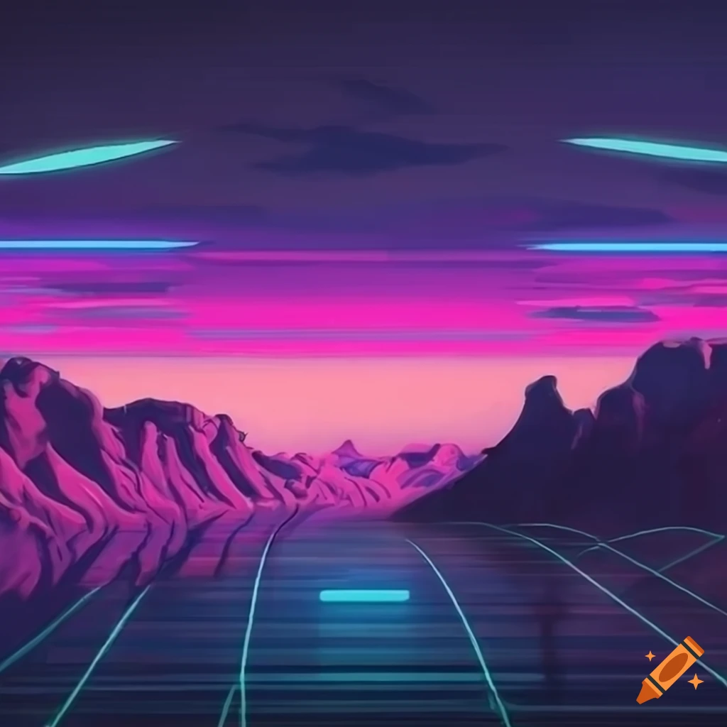 80's-inspired paleoart landscape with a synthwave vibe on Craiyon