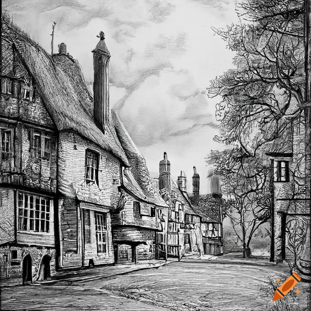 Intricately detailed pencil drawing of an old English village on Craiyon
