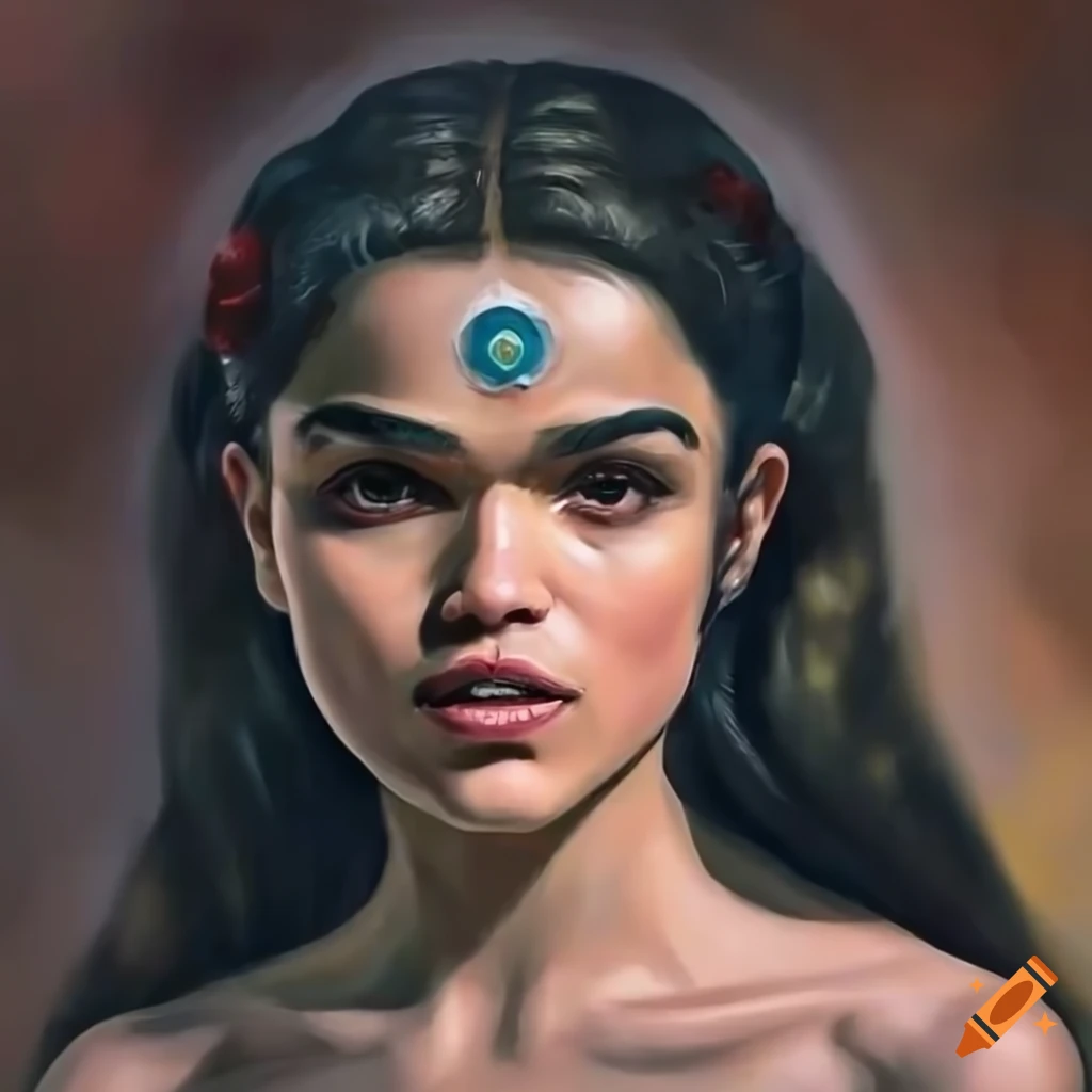 High resolution portrait of rachel zegler in a dynamic style akin to frank frazetta on Craiyon