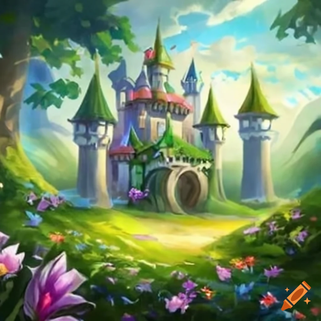 Fairy castle with flowers in windows in a fantasy setting inspired by ...
