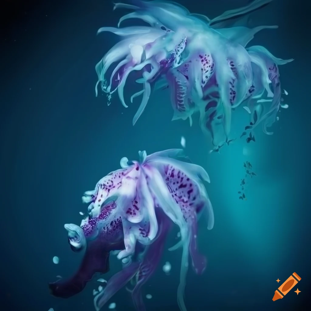 Otherworldly wild orchid sea creature in a dark blue underwater ...