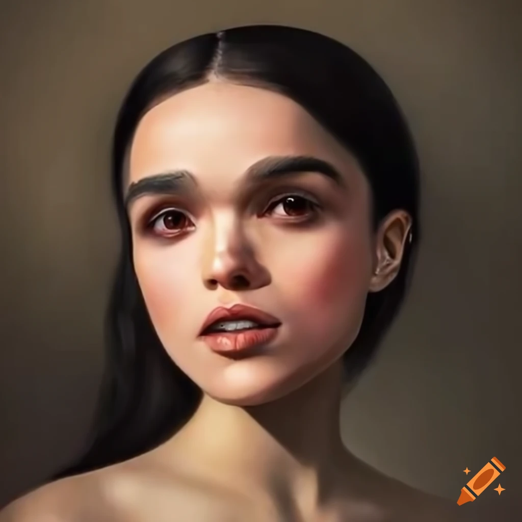 Portrait of rachel zegler as snow white in frank frazetta style on Craiyon