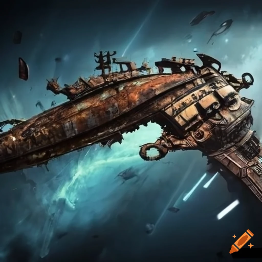 Steampunk space ship flying in dark space with modern warp propulsion ...