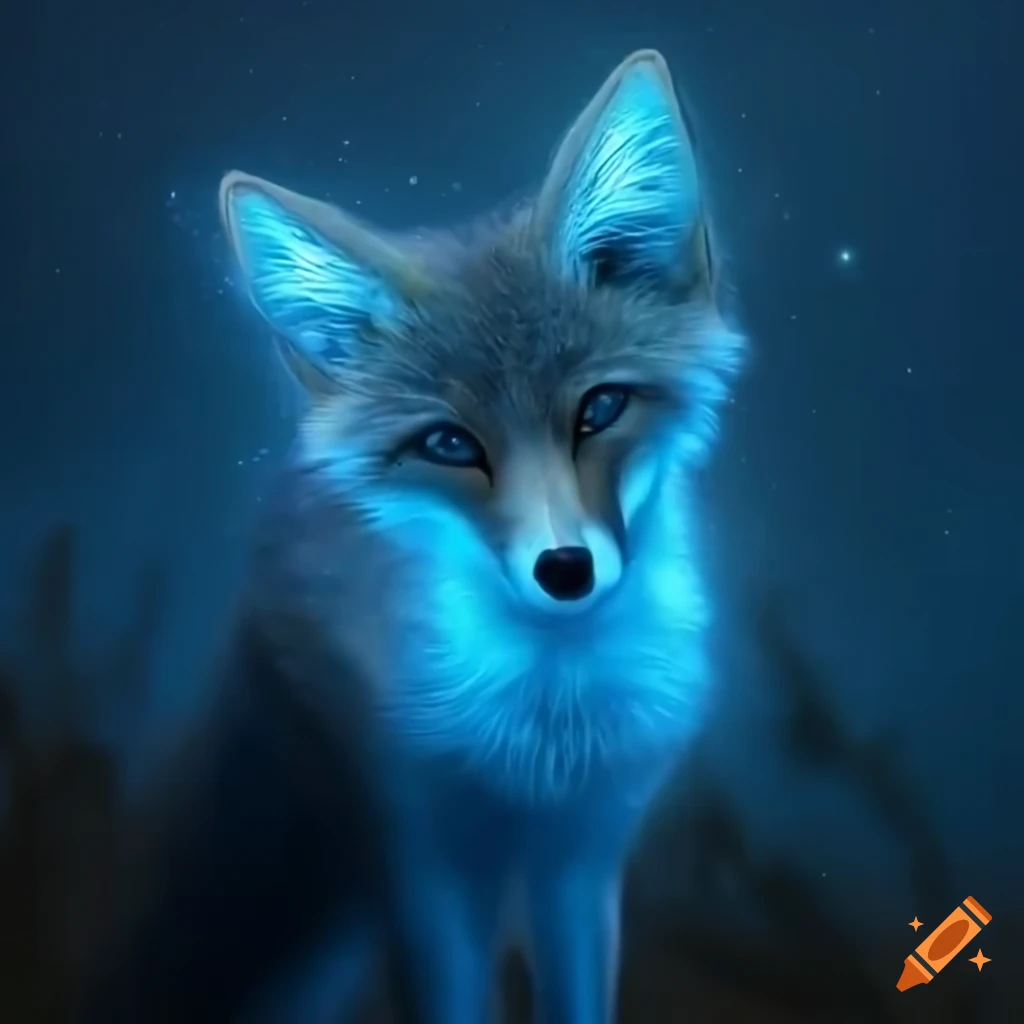 Ethereal blue fox with glowing eyes in a starry night sky on Craiyon