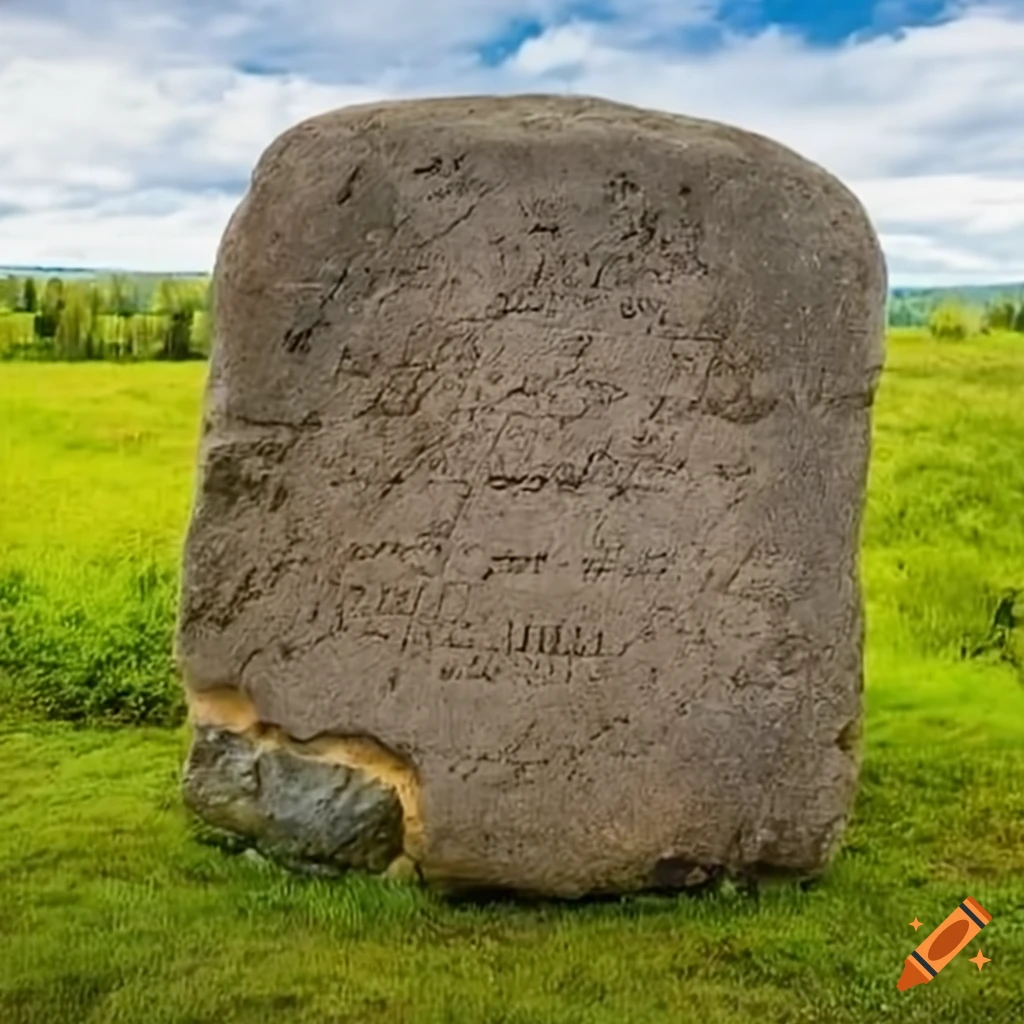 Ancient giant stone tablet with cosmic writing in a field on Craiyon