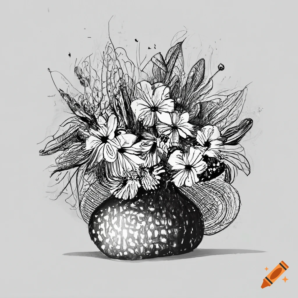 Black & white sketch of a still life with flowers on a white background ...