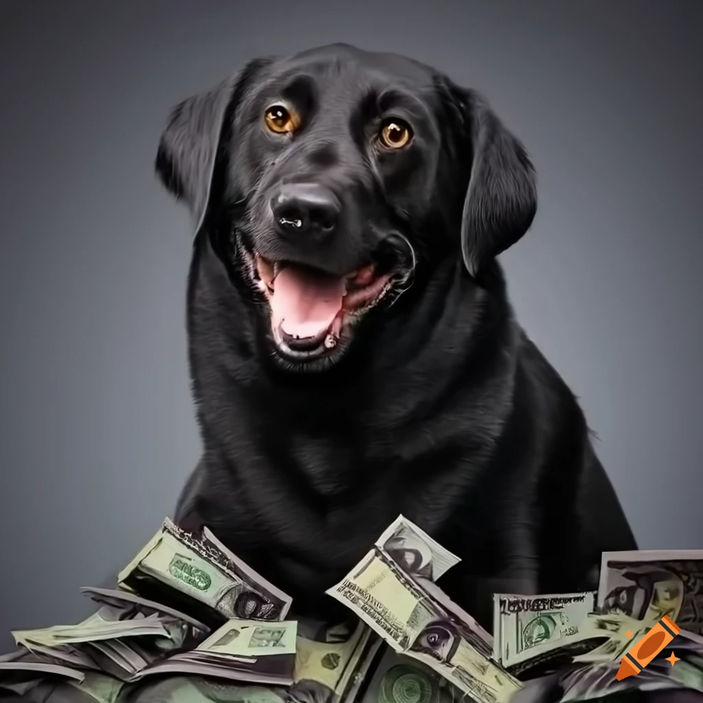 Black Labrador rolling in money with a happy expression on Craiyon