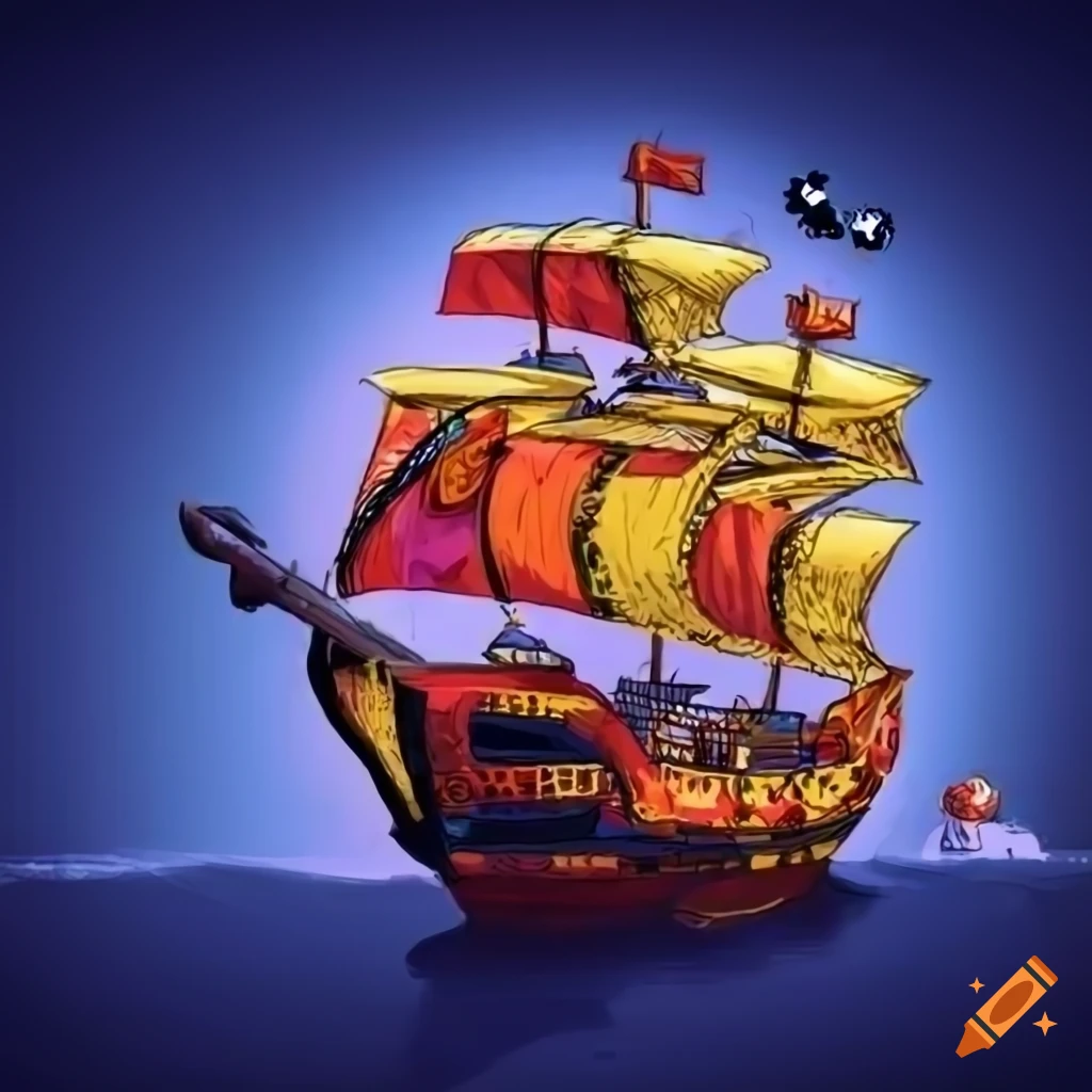 Illustration of a pirate ship collectable monster in 90s vibrant colors ...