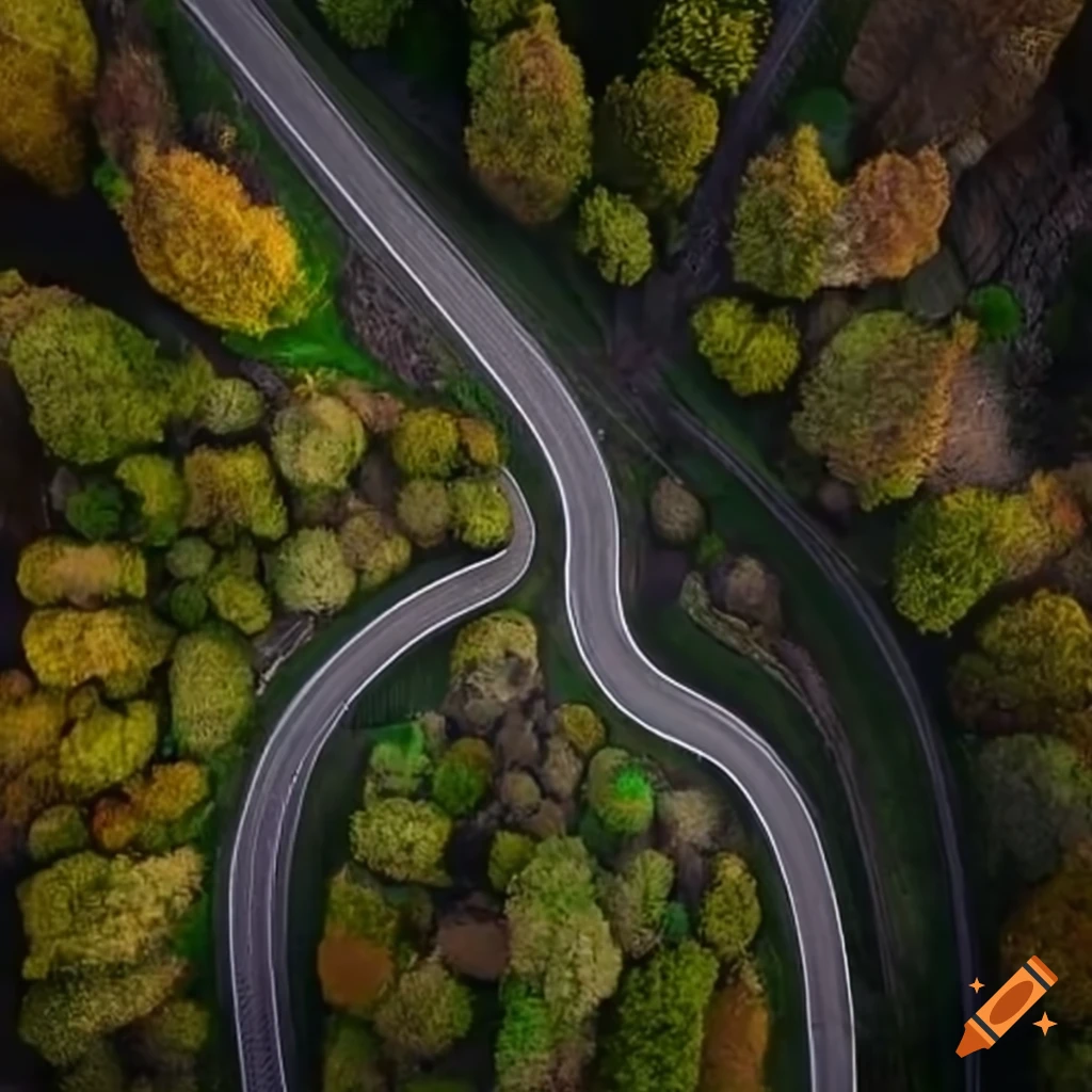 Bird's eye view of winding road depicting a fork in the road on Craiyon