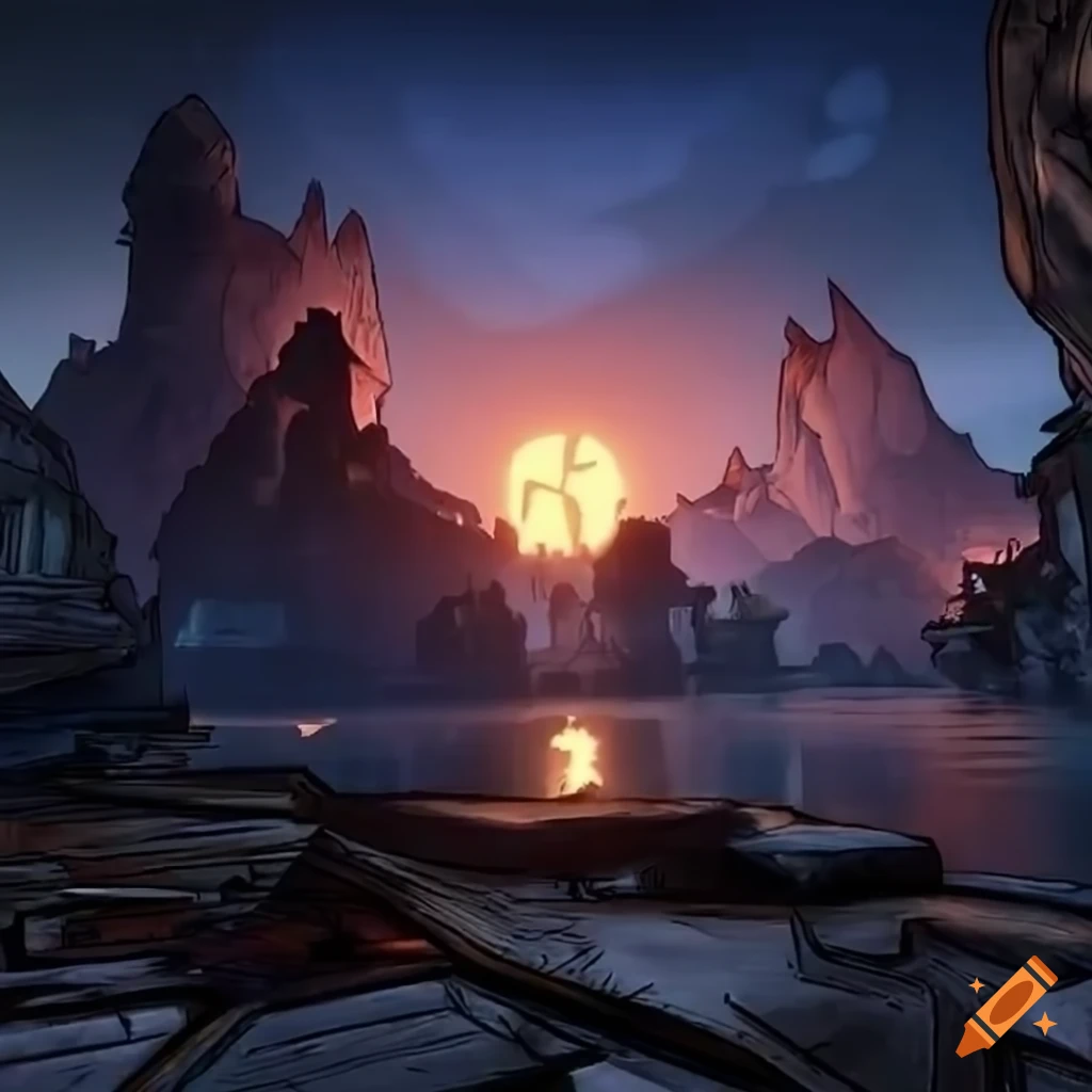 Borderlands 2 evening environment reflecting on water on Craiyon