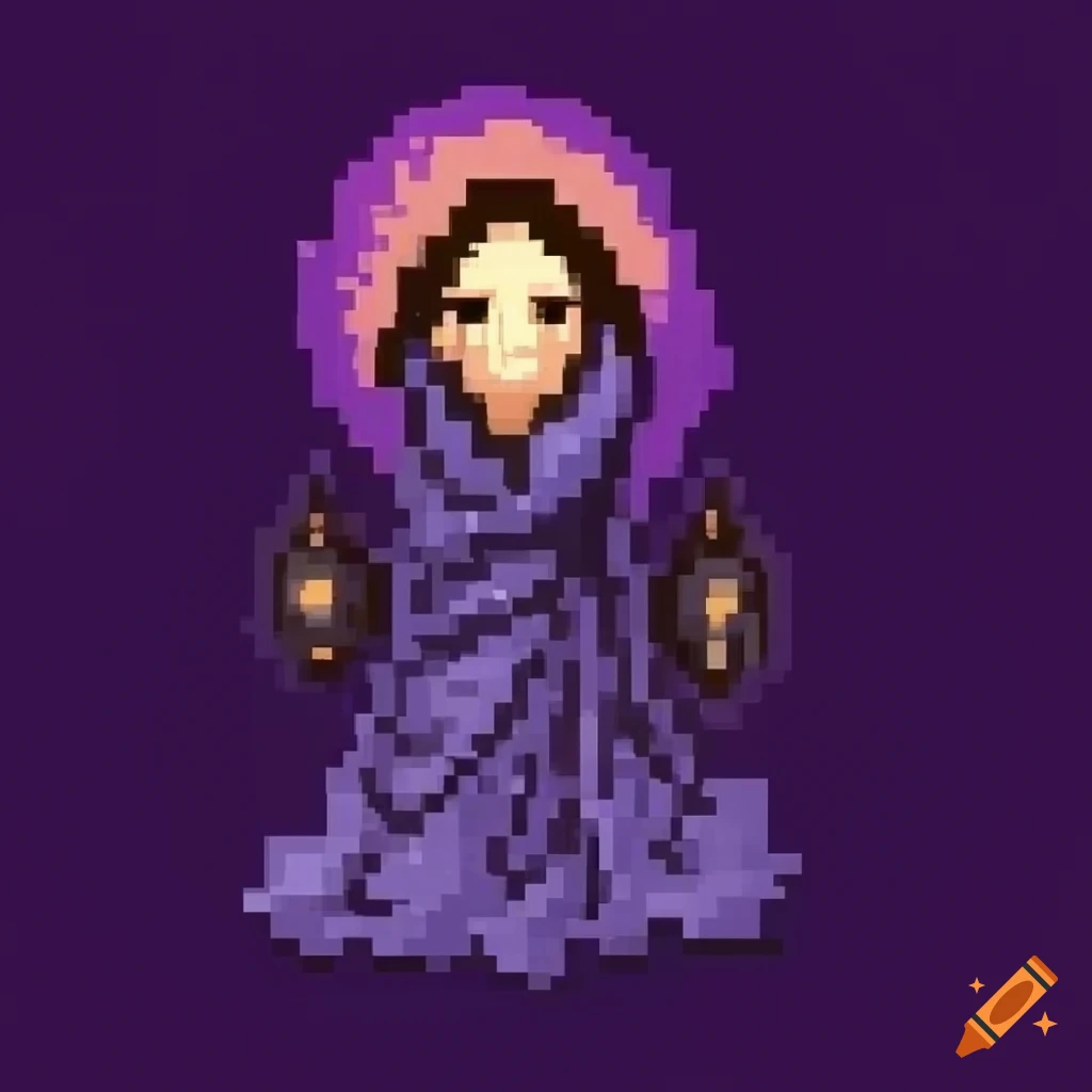 Enchanter in dark purple robe with arcane grimoire in pixel art style ...