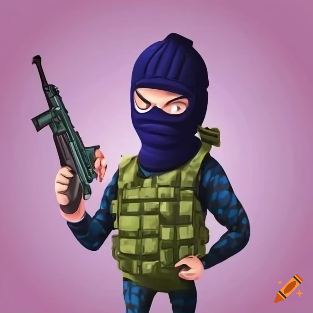 Cartoon character in ski mask and tactical vest holding a rifle on Craiyon