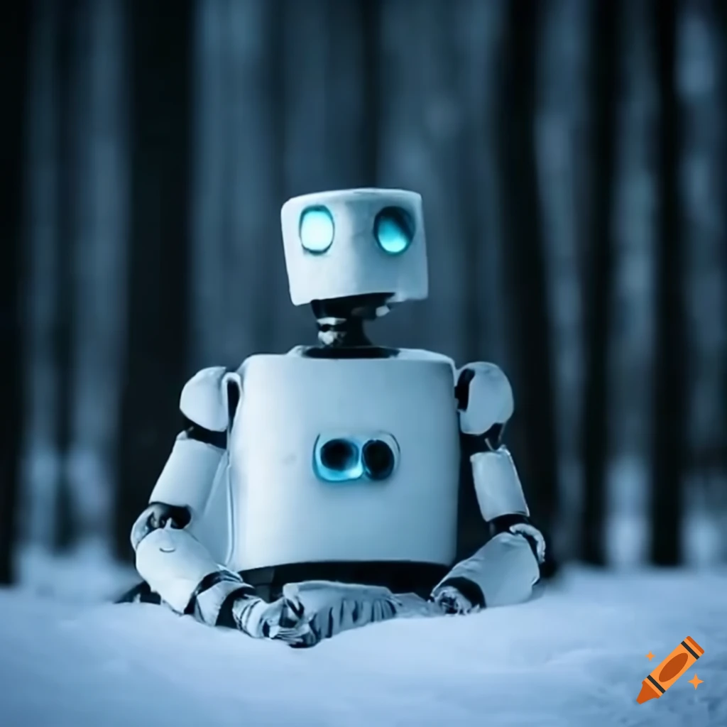 Sad alone ai robot in a winter storm in a cold forest on Craiyon