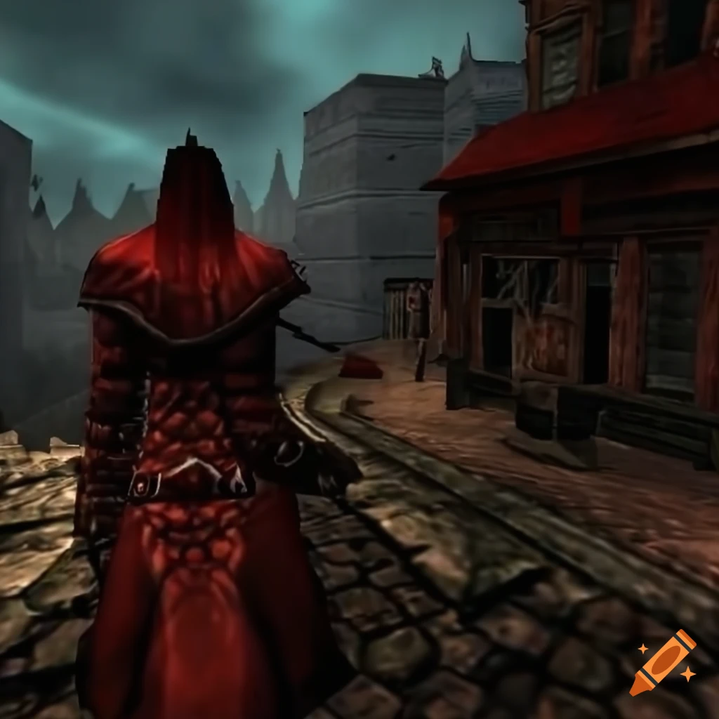 Gothic hero in retro video game screenshot with ps2 2000s style ...