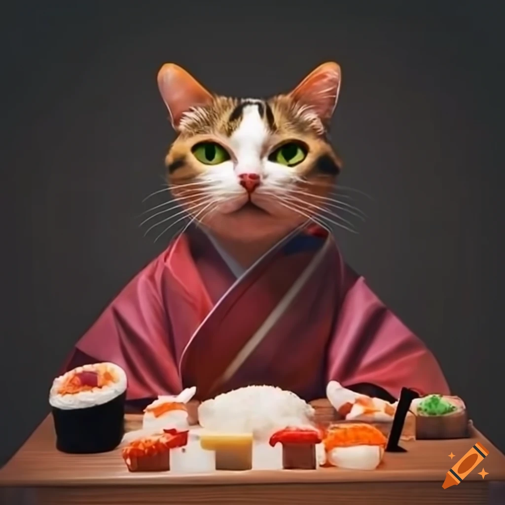 Anthropomorphic cat in traditional Japanese clothing cooking sushi on ...