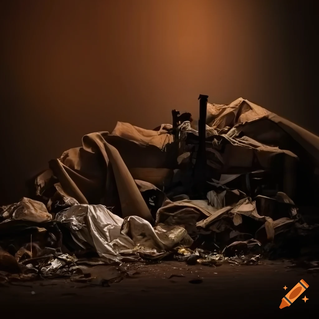 Pile of junk covered with drapery in a dramatic landscape on Craiyon
