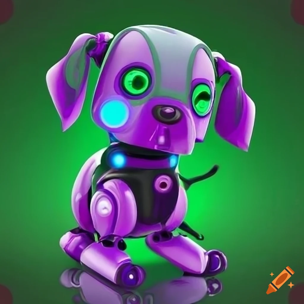 Green and purple robot puppy on Craiyon