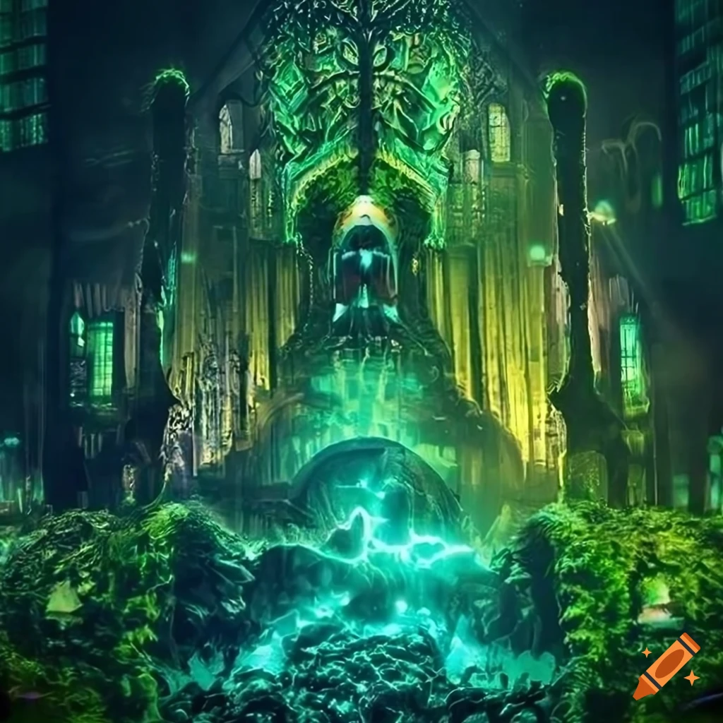 Glowing biopunk cityscape with plants, mushrooms, and mythical ... Glowing biopunk cityscape with plants, mushrooms, and mythical ...