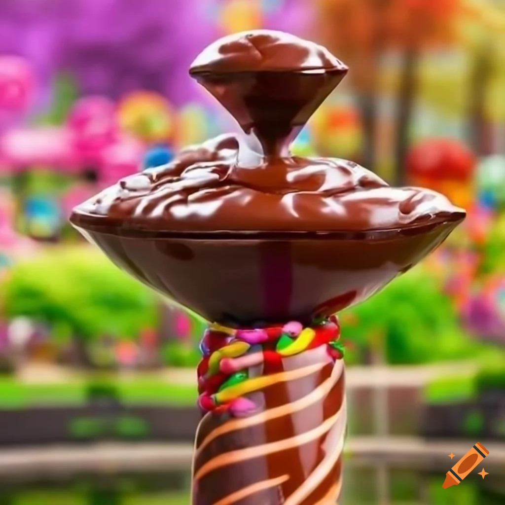 Beautiful candy garden with a gigantic chocolate fountain on Craiyon