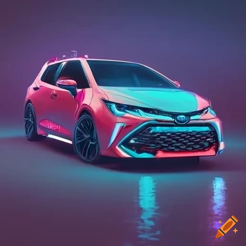 Cyberpunk red 2019 toyota corolla hatchback with neon lights on Craiyon