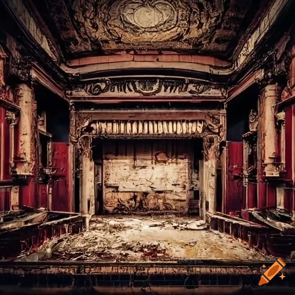 Abandoned theatre with a 1930s style stage and old piano on Craiyon