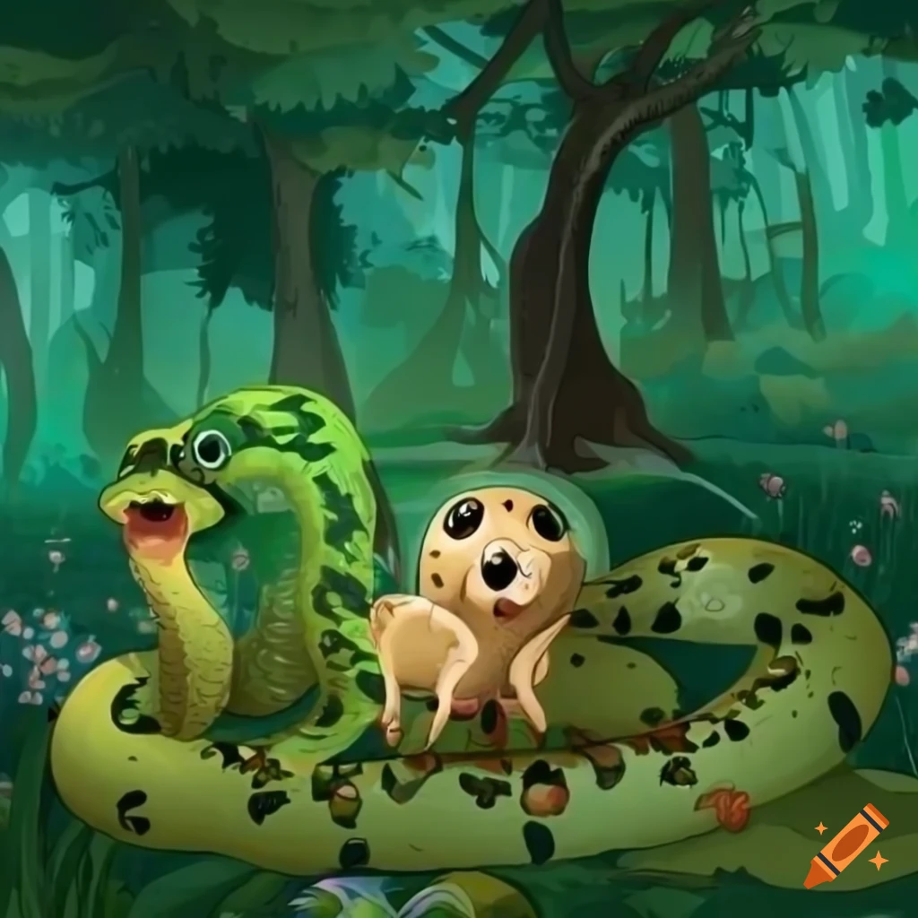 Surreal animal cartoon in a strange forest with pond and exotic flowers ...