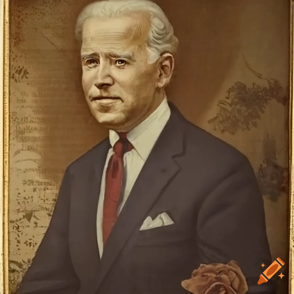 Close-up portrait of Joe Biden on antique Victorian paper with roses on ...
