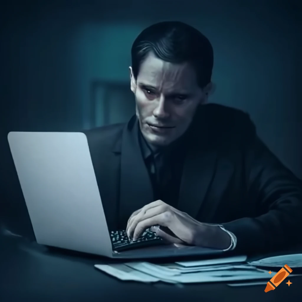 Accountant in a dark and evil mood working on financial statements on ...