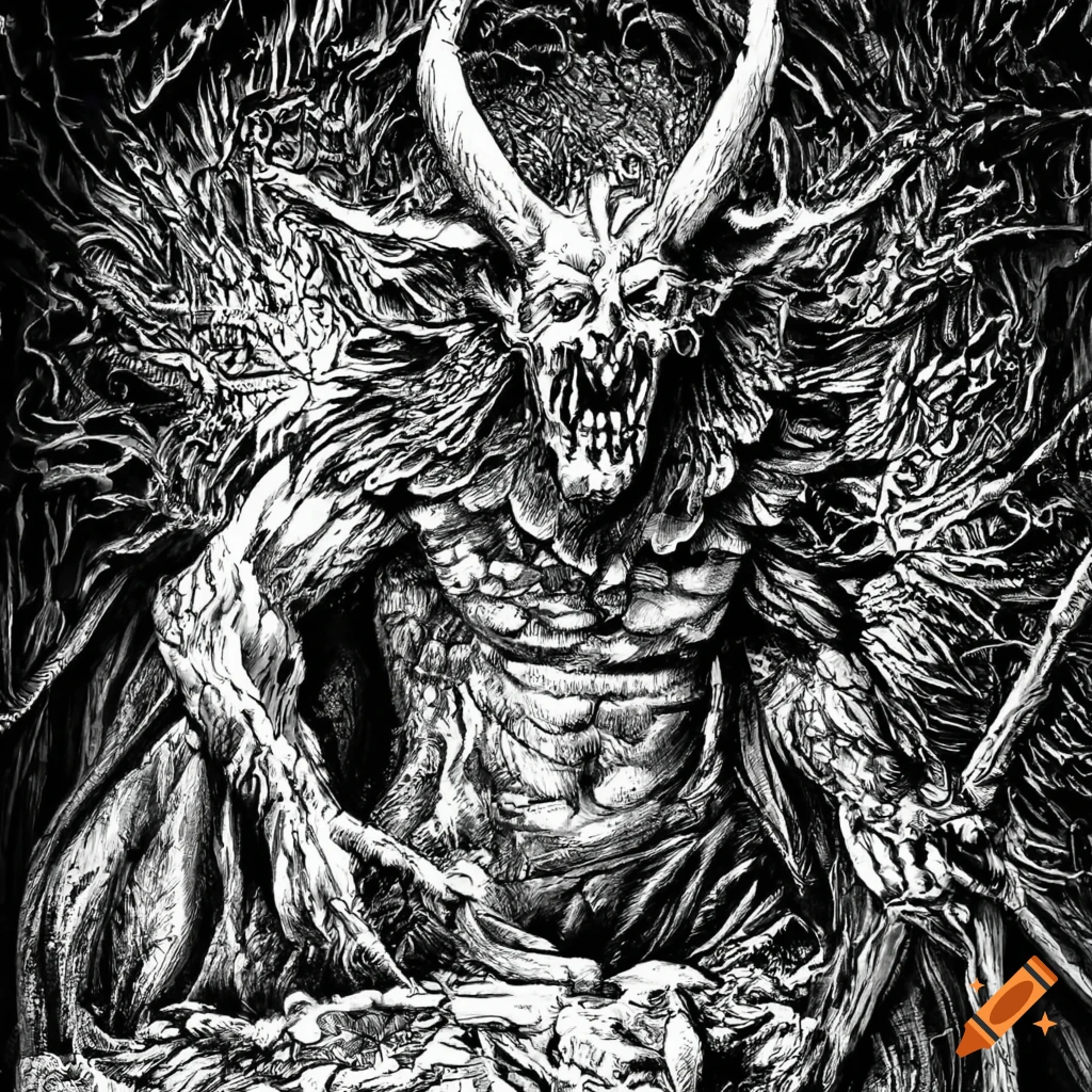 Detailed black and white ink drawing of Satan attacking an old European ...