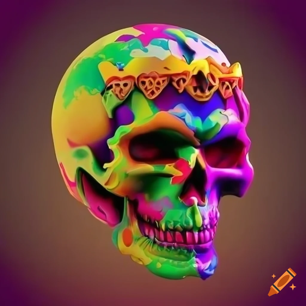 Stylized 3d art of vibrant skulls with creative accessories on Craiyon