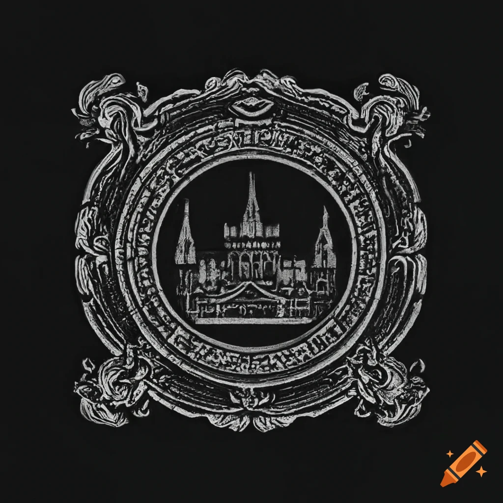 Old grimoire seal with a castle and satanic sigil in black metal style ...