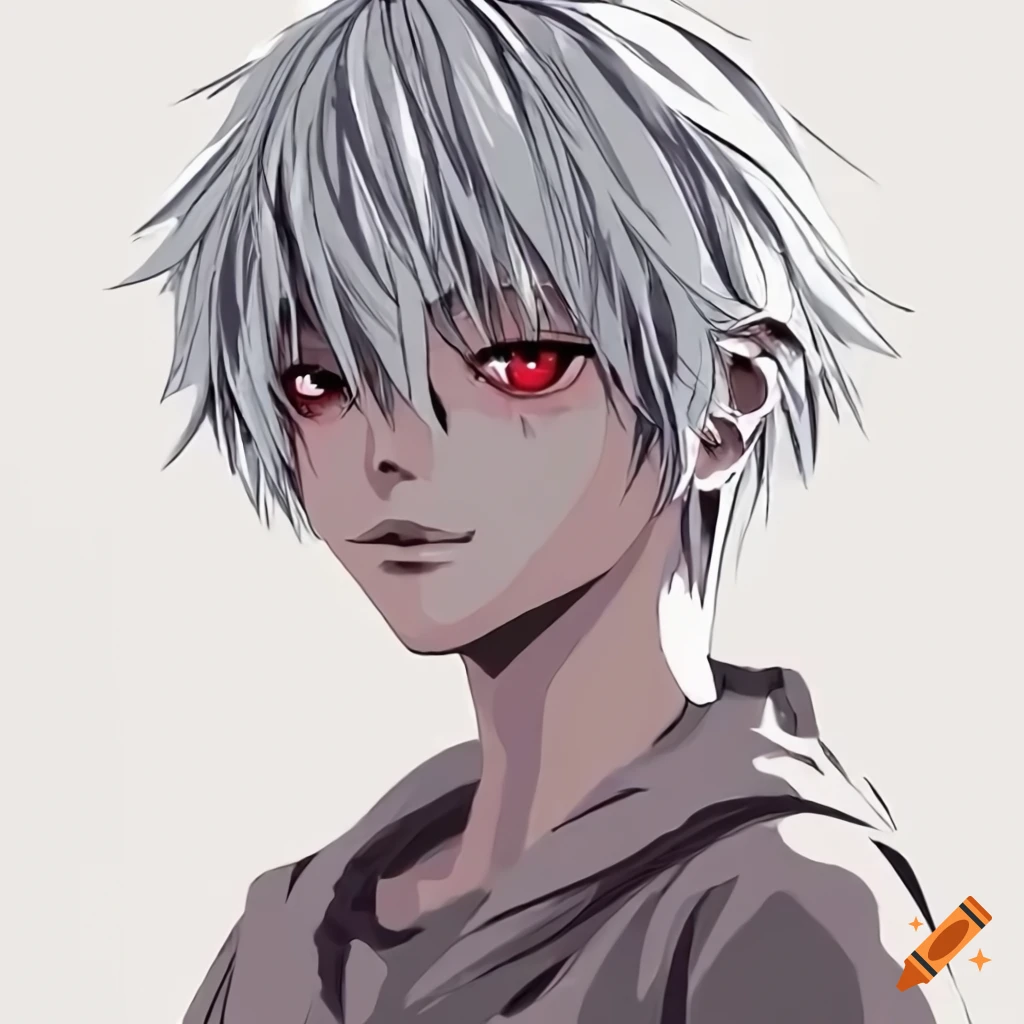 Anime boy with white hair and red eyes, featuring a barcode on his ...