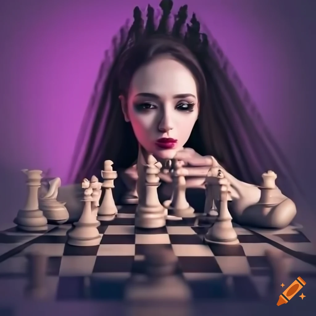 Chess queen with a purple flower in a chess-themed setting on Craiyon
