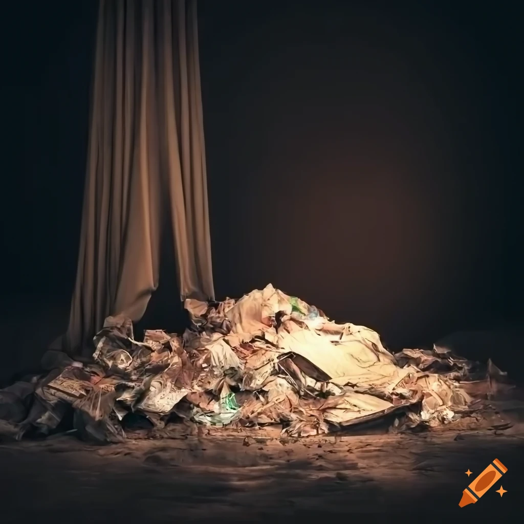 Pile of junk garbage covered with a drapery in a dramatic destroyed ...