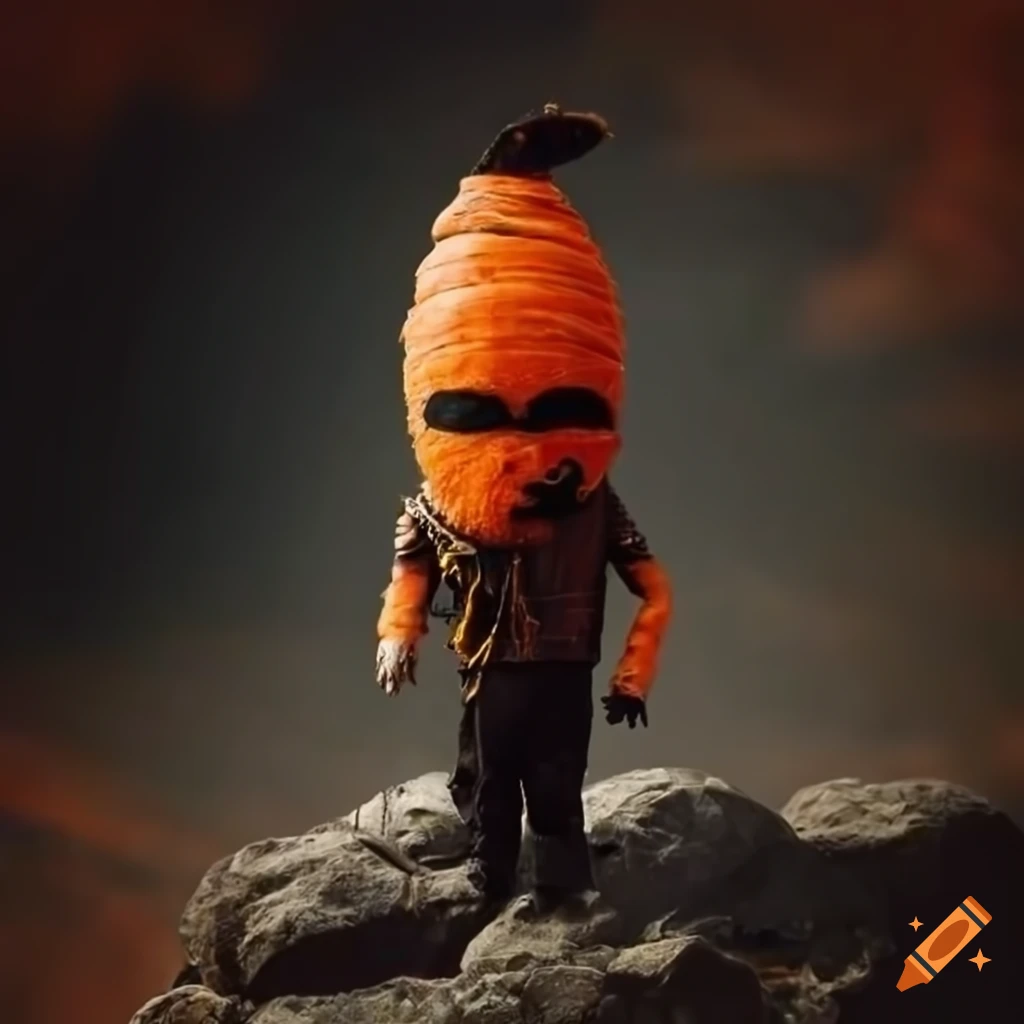 Carrot warrior with red bandana standing by an army fort on Craiyon