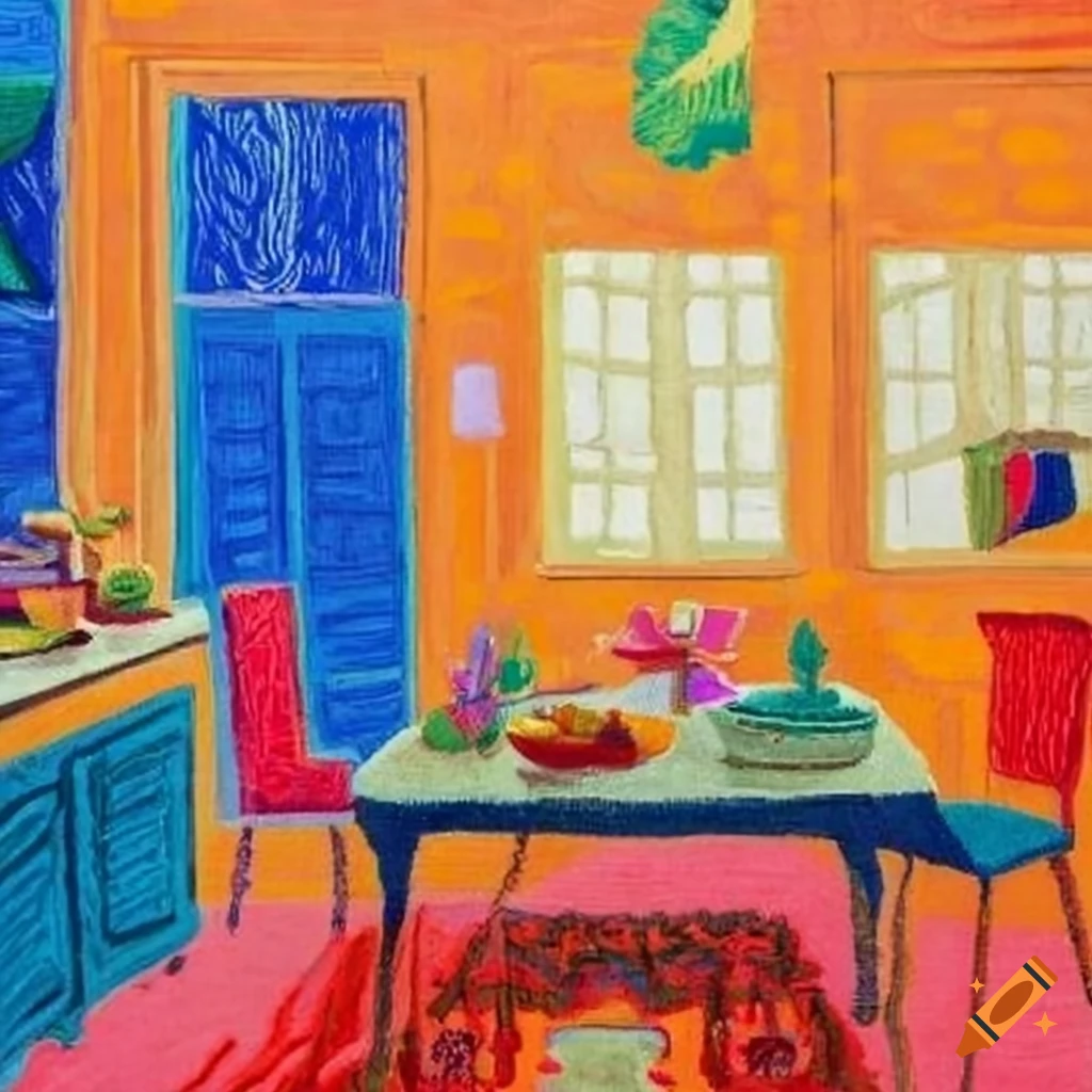 Interior kitchen scene with table in David Hockney style fiber art on ...